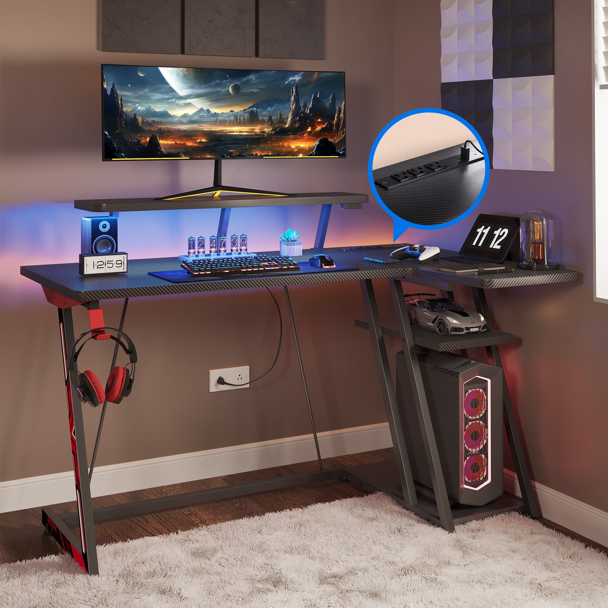 KKL 39 inch Gaming Desk L Shaped with Storage Shelf & Power Outlets ...