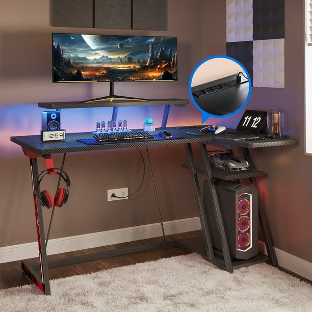 KKL 39 inch Gaming Desk L Shaped with Storage Shelf & Power Outlets ...