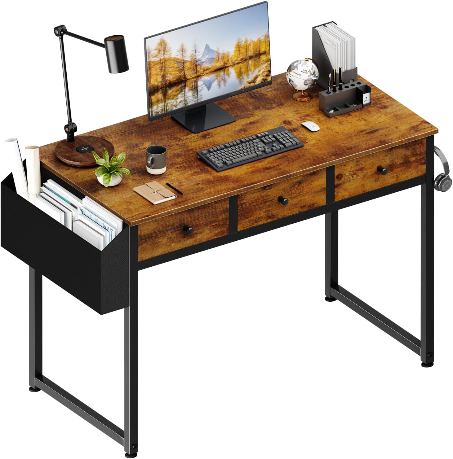 -39 Inch Home Office Desks with 3 Fabric Storage Drawer and Pocket ...