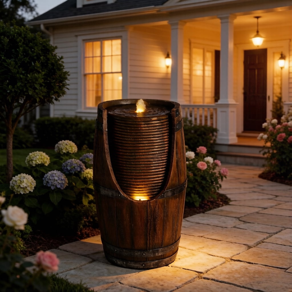 39 Inch Outdoor Barrel Water Fountain with LED Lights, Rustic Wood-Look ...