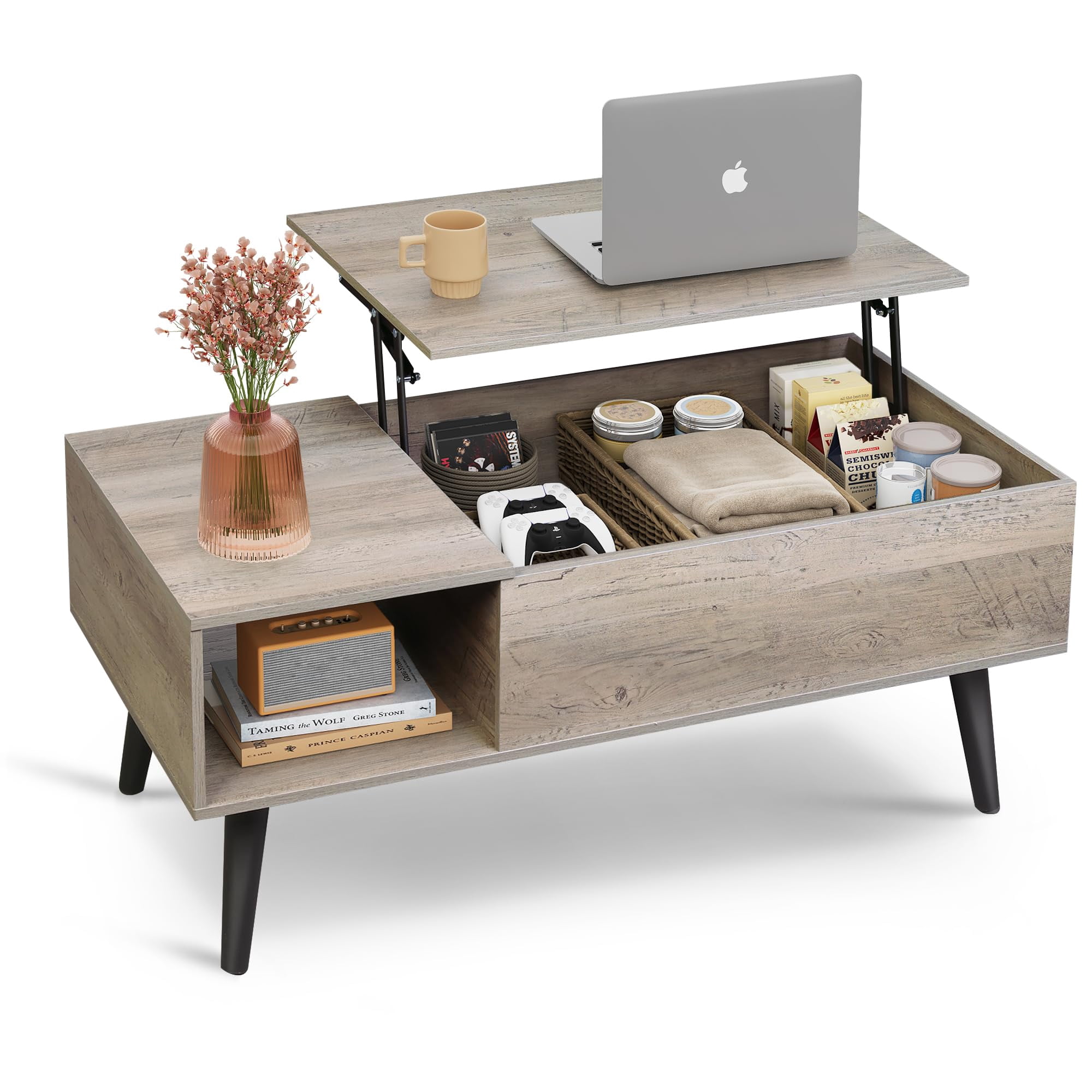 39 Inch Wooden Lift Top Coffee Table, Modern Hidden Storage Compartment ...