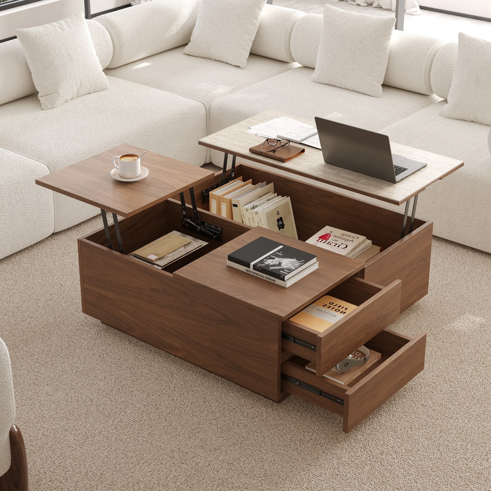 39" Lift-Top Solid Wood Coffee Table w/ Storage & Travertine Veneer ...