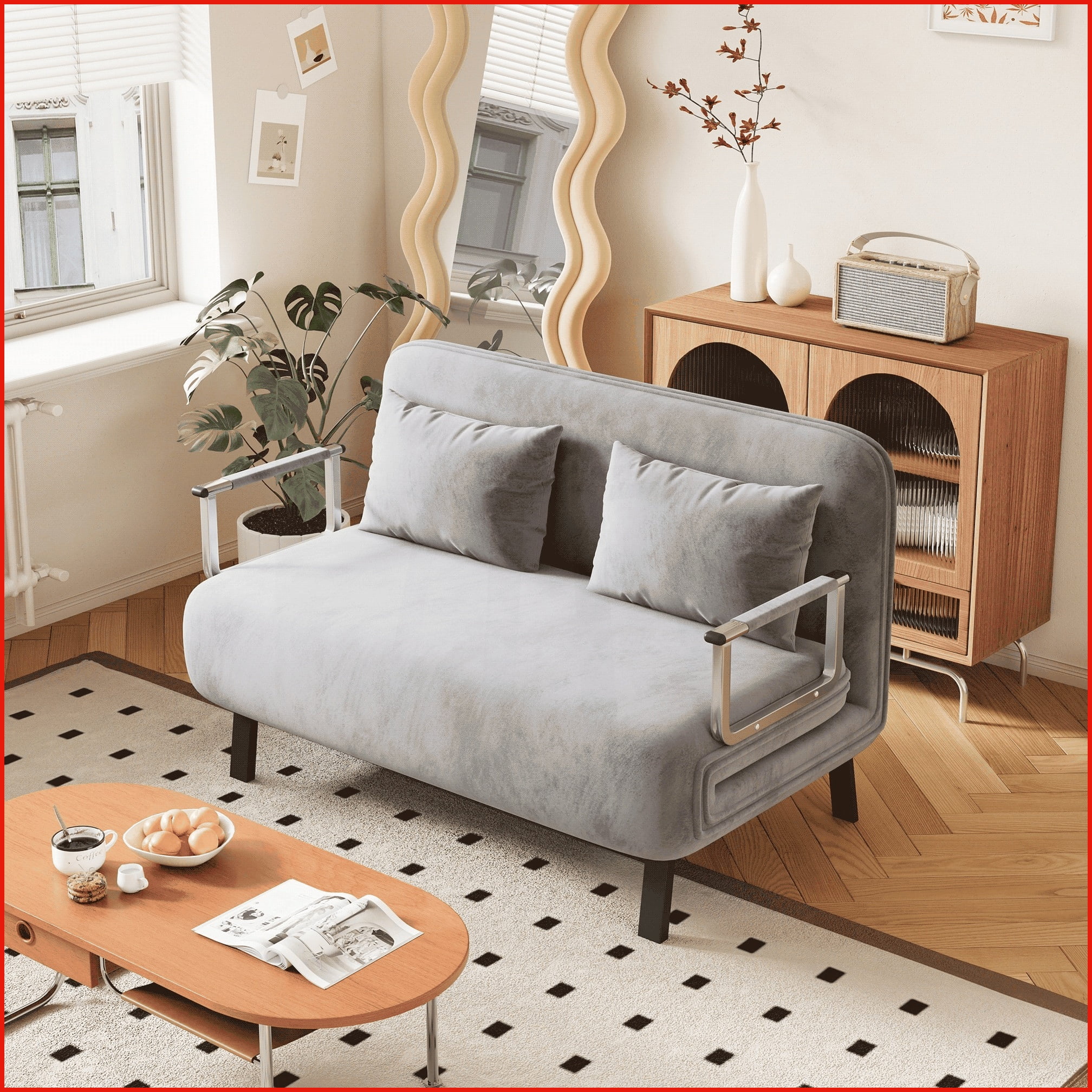 39″ Light Grey Dutch Velvet Convertible Sofa Bed – Adjustable Backrest ...