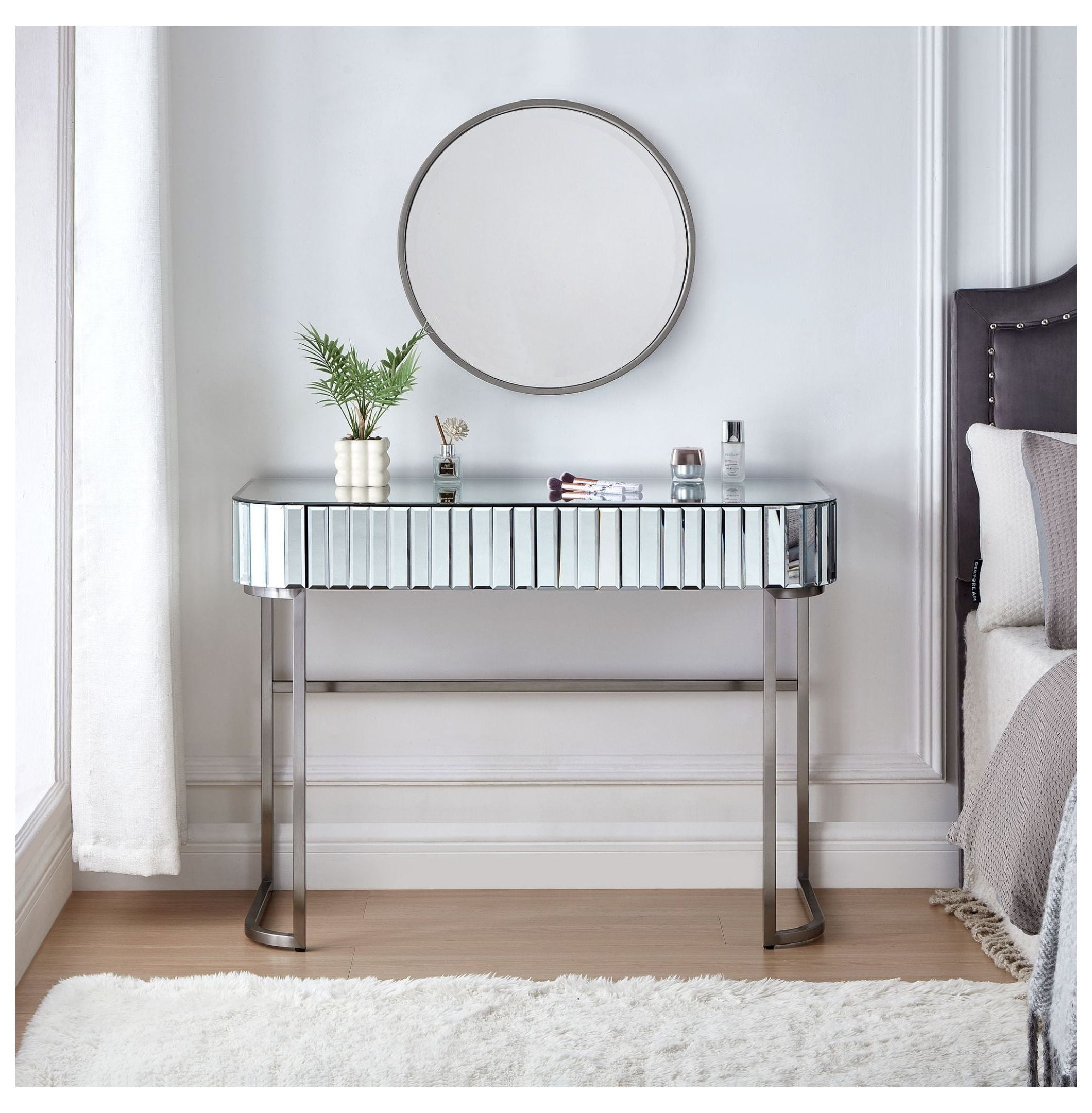39" Mirrored Makeup Vanity Table with Stainless Steel Base, Mirrored ...