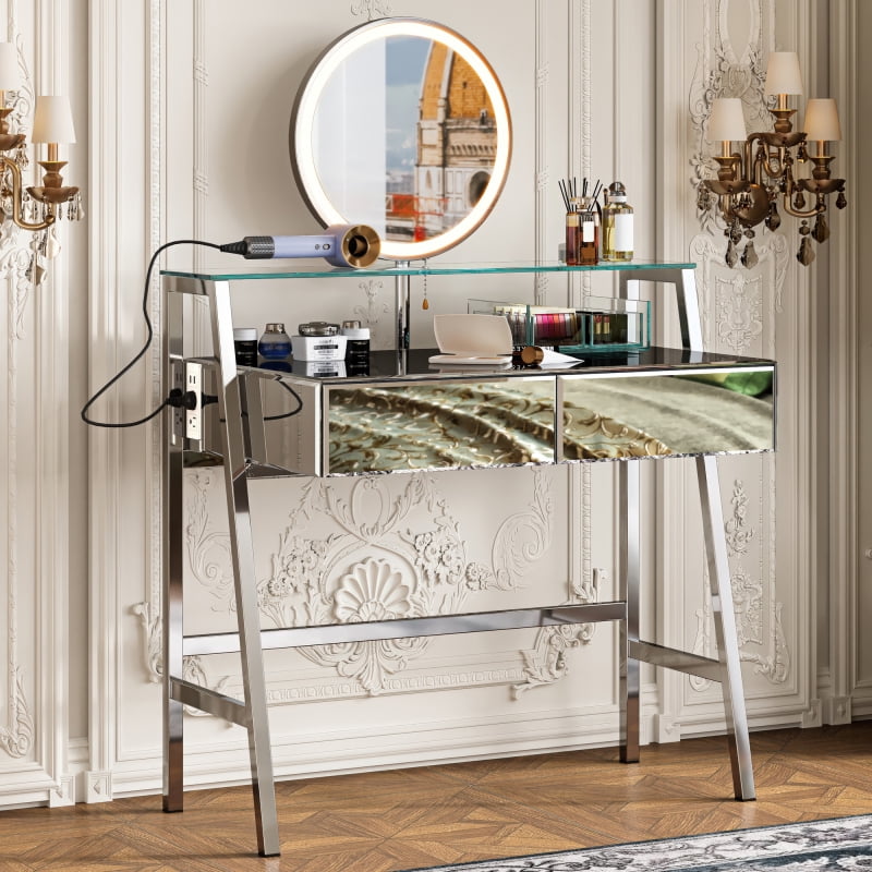 39" Mirrored Makeup Vanity Table with Stainless Steel Base, Mirrored ...
