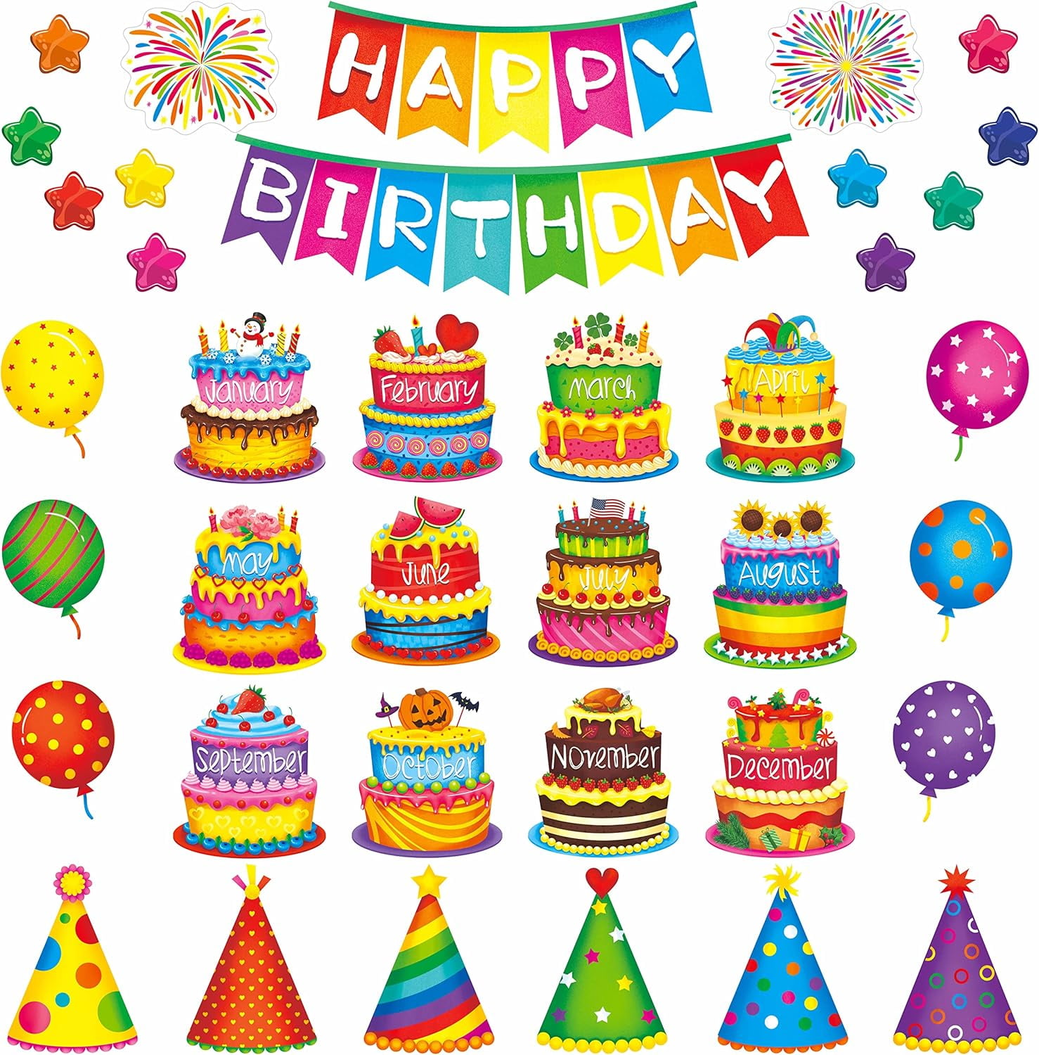 39 PCS Happy Birthday Bulletin Board Set, Colorful Birthday Decoration ...