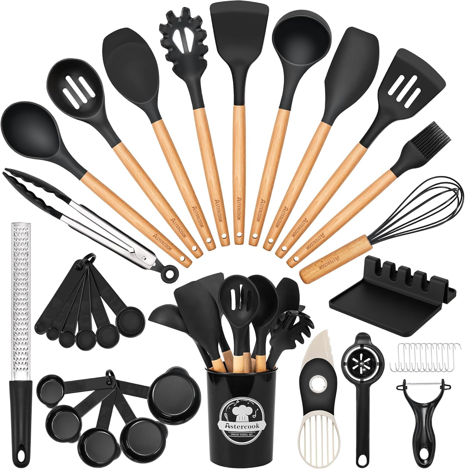 39 PCS Kitchen Utensils Set, Silicone Cooking Utensils Set with Wooden ...