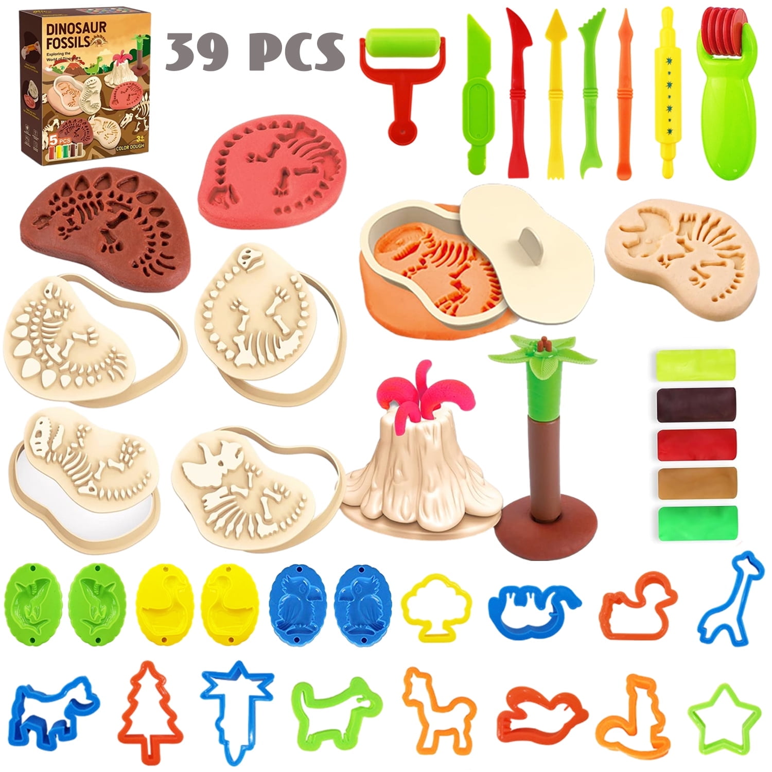 Sytle-Carry 39 Pcs Play Dough Dino Kit, Dinosaur Molds, Color Dough ...