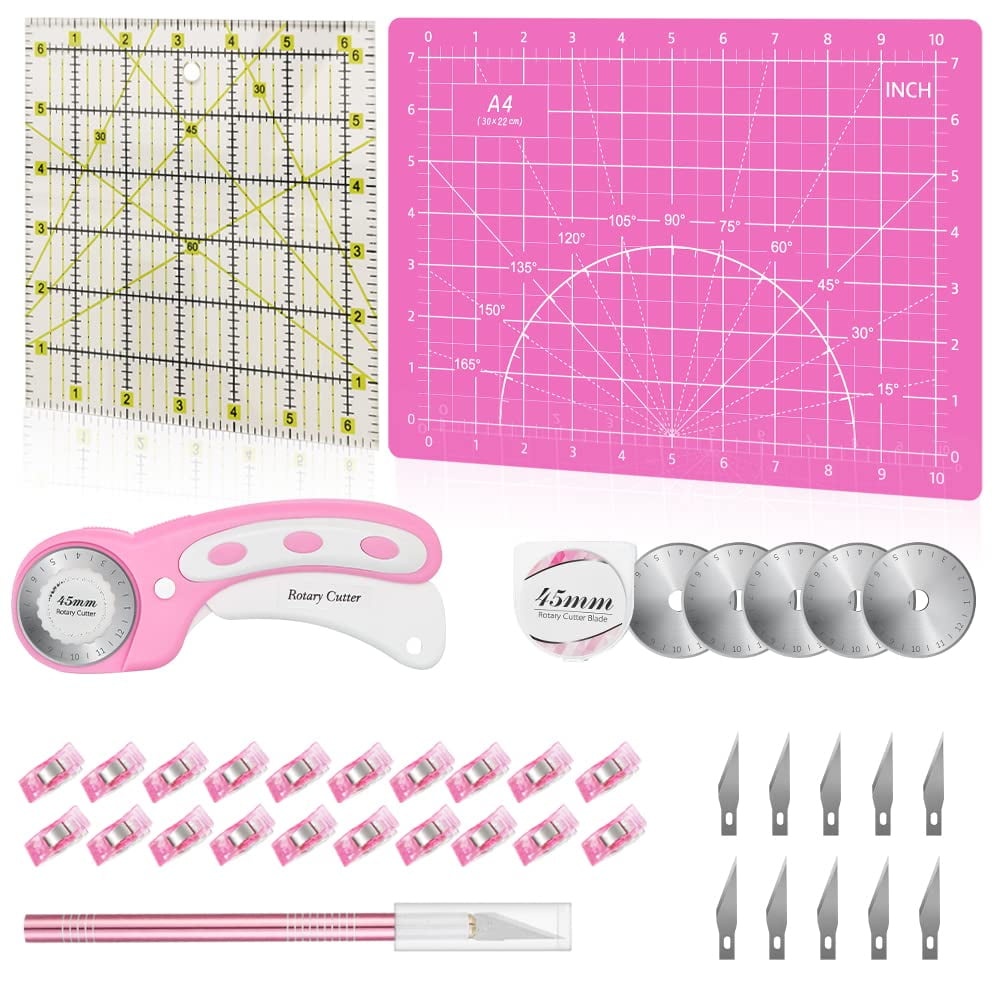 39 Pcs Rotary Cutter Set Pink - Quilting Kit 45mm Fabric Cutter with 5 Extra Blades, A4 Cutting ...