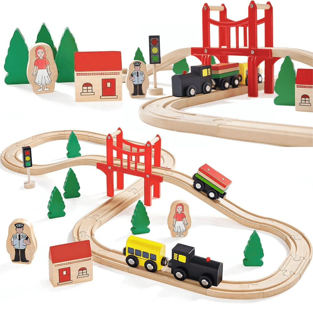 HYPERLIVING Wooden Train Set for Toddler - 39 Piece- with Wooden Tracks ...