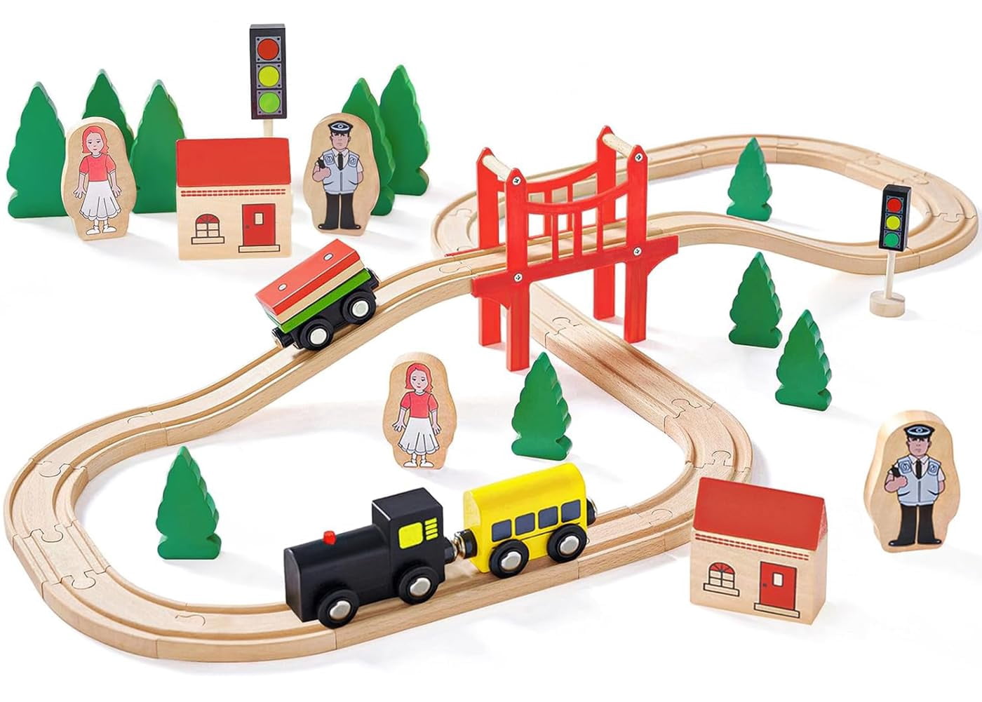 39-Piece Wooden Train Set for Toddlers, Wooden Railway for Kids ...