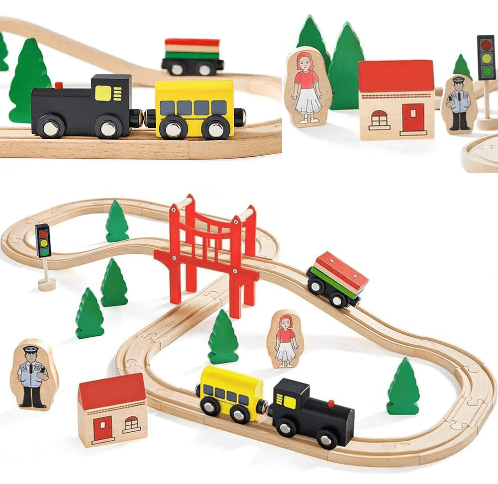 HYPERLIVING Wooden Train Set for Toddler - 39 Piece- with Wooden Tracks ...