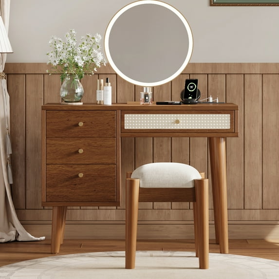 39" Retro Bohemian Style Wooden Makeup Vanity Set with Charging Plug ...