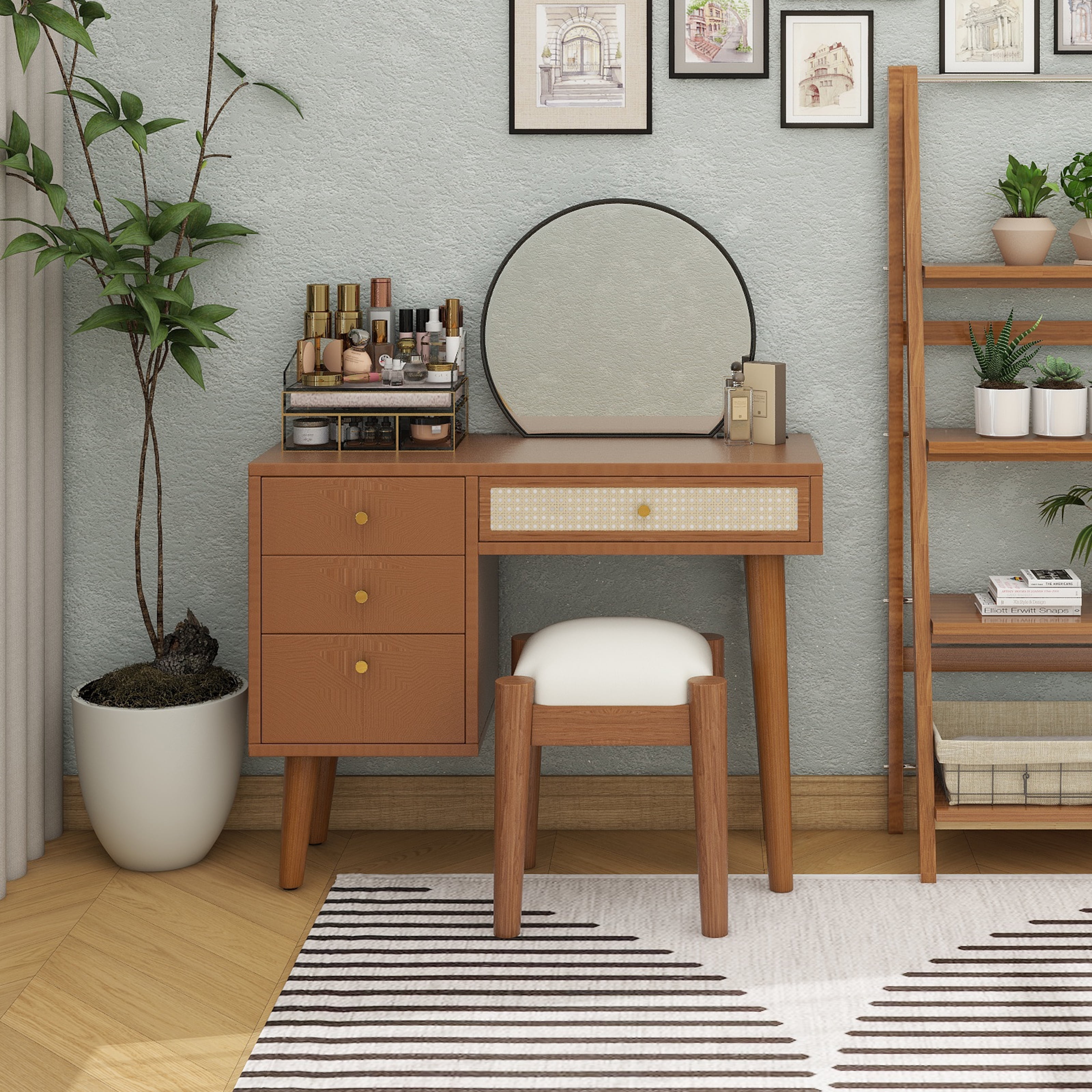 39" Retro Bohemian Style Wooden Makeup Vanity Set with Charging Plug ...