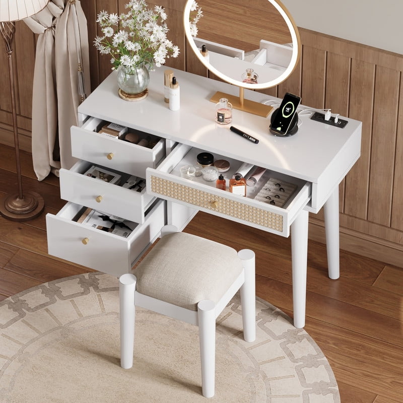 39" Retro Bohemian Vanity Set with Charging Station - Wooden Makeup ...