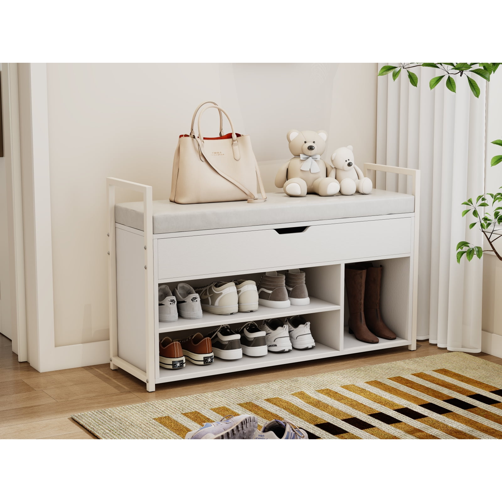 39"Shoe Storage Bench, Entryway Bench with Lift Top Storage Box, Metal ...