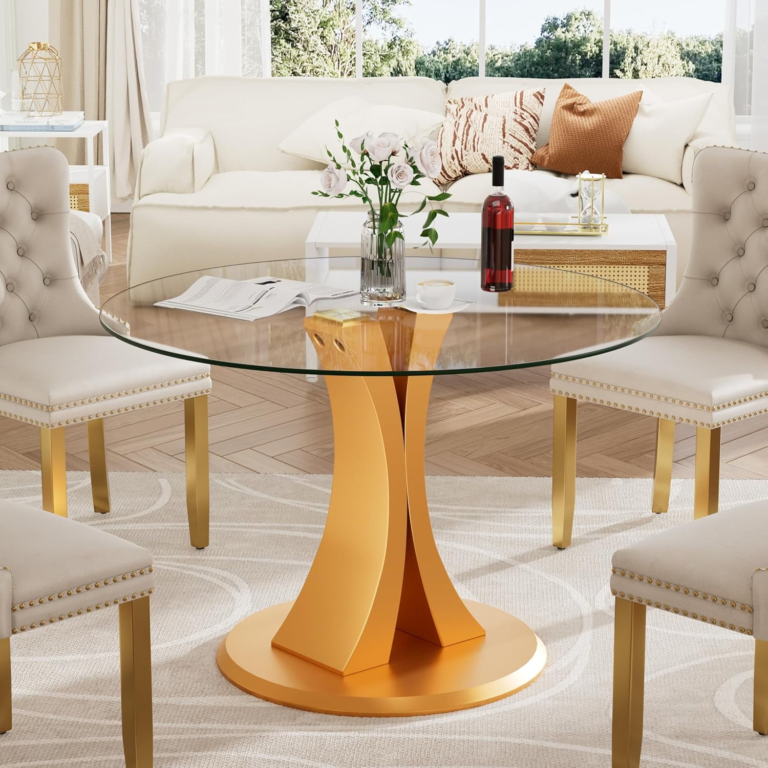 39" Small Round Glass Dining Table for 4 with Gold Robust Pedestal Base ...