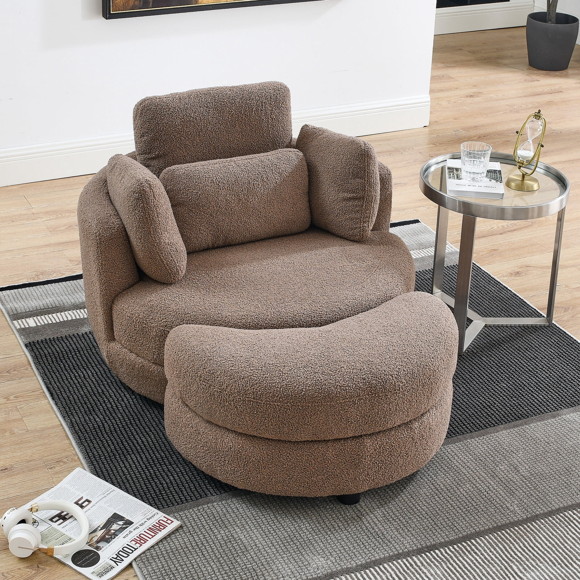39"Swivel Chair with Moon Storage Footstool and 4 Pillows, Modern ...