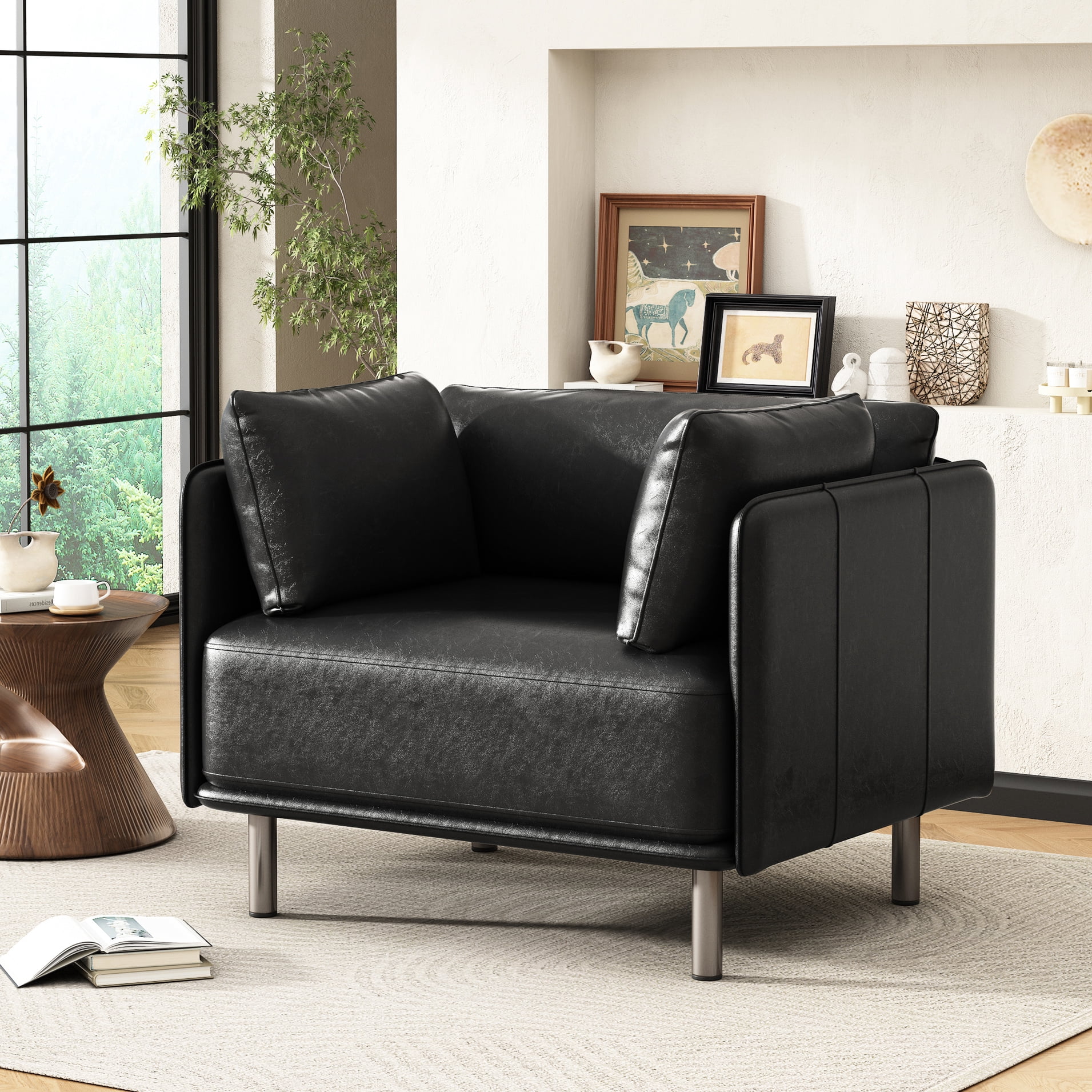 39" Vintage Lounge Chair In Black Pu Leather & . Solid Wood, Steel Legs ...