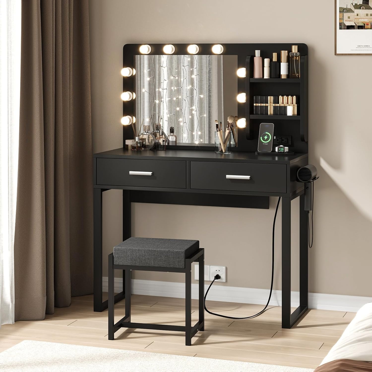 39" W Black LED Vanity Desk with 10 Lights, 3 Color Modes, USB Charging ...