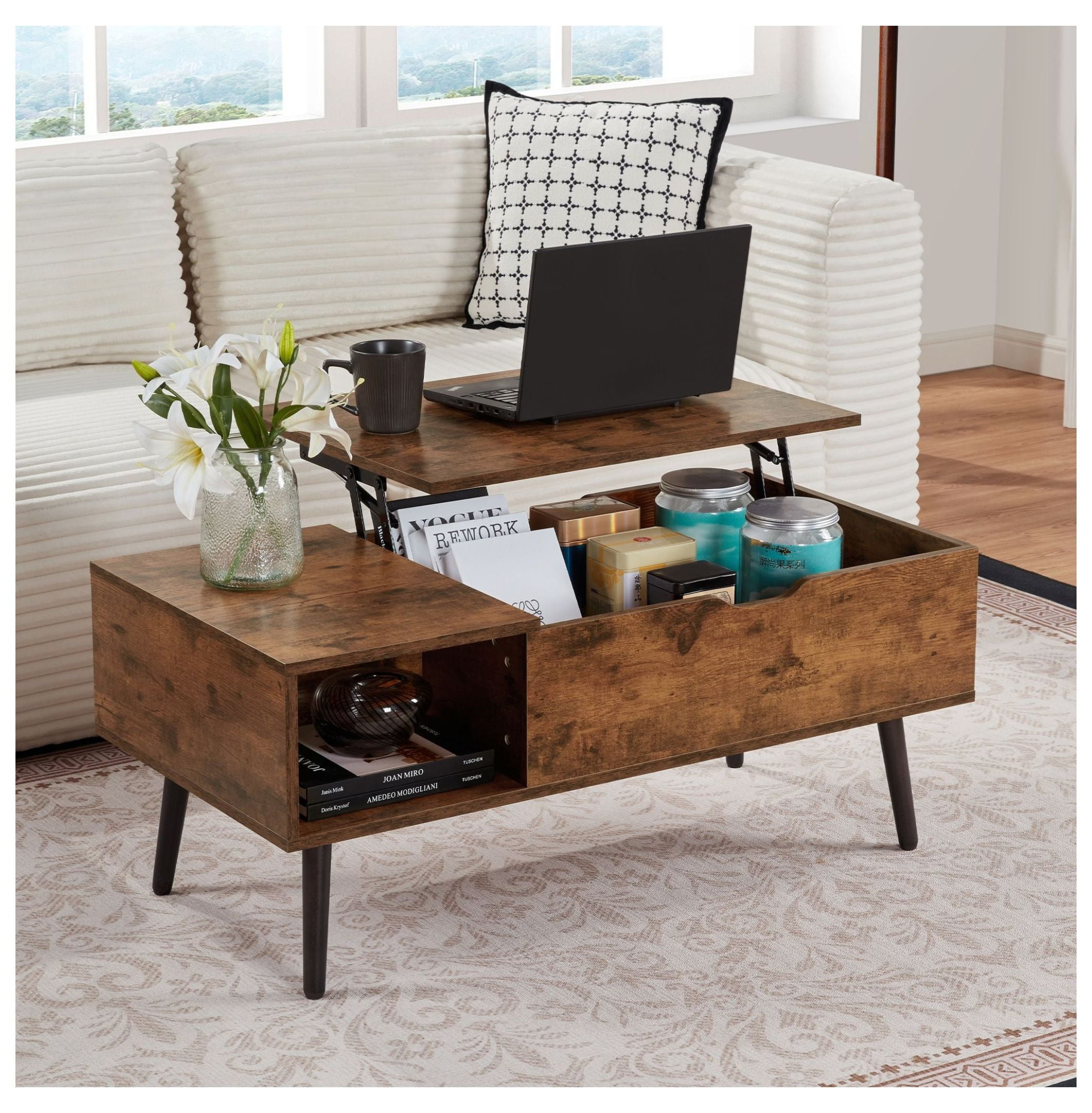 39" Wood Lift Top Coffee Table with Compartment and Storage Shelf for ...