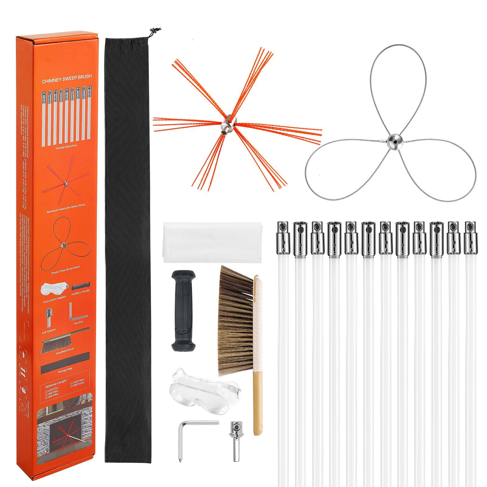 39 ft Extendable Chimney Sweep Kit with Dual Brush Heads and Bristle ...