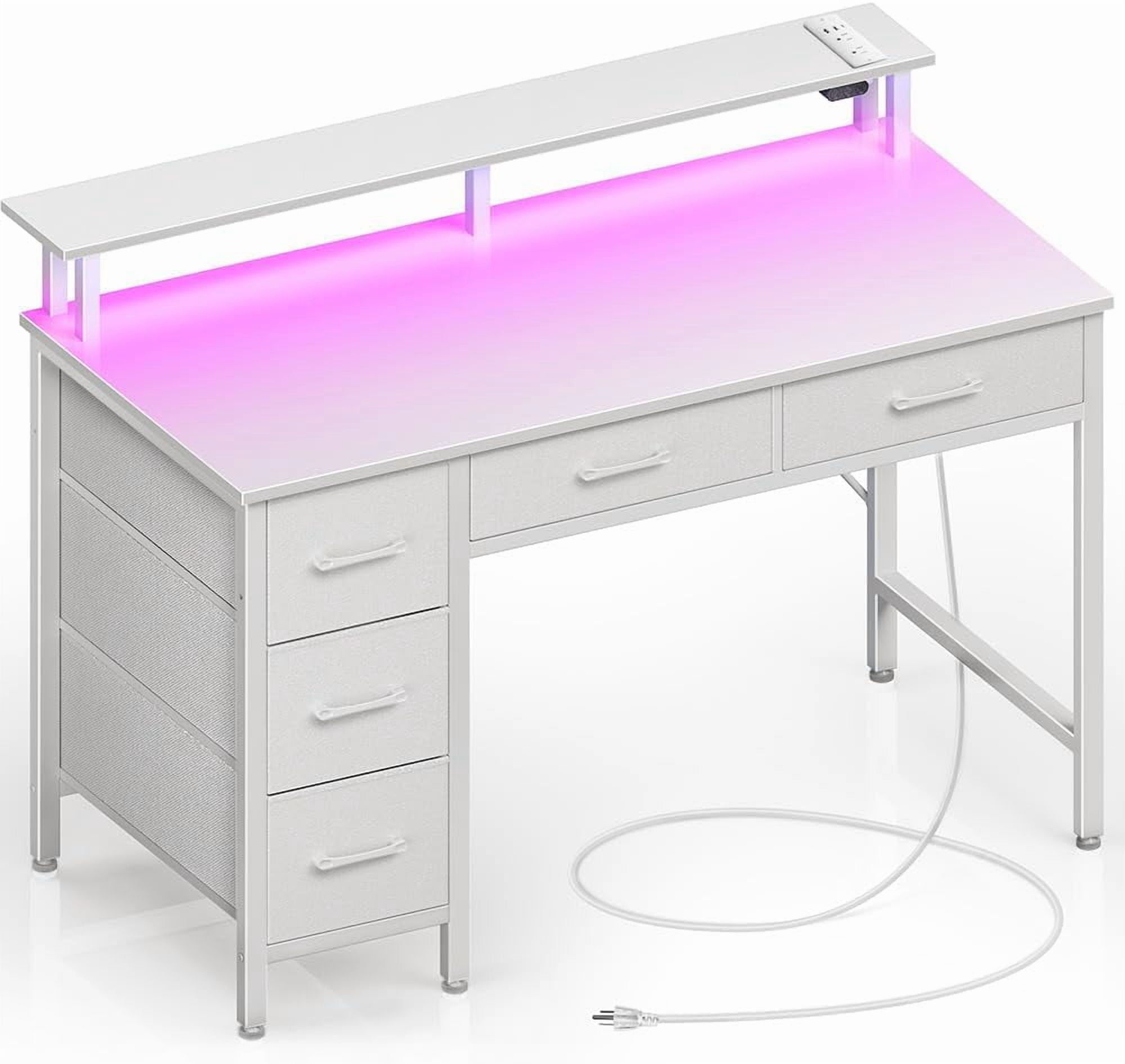 39-inch Home Office Desk with Power Outlets, LED Light, 5 Drawers, and ...