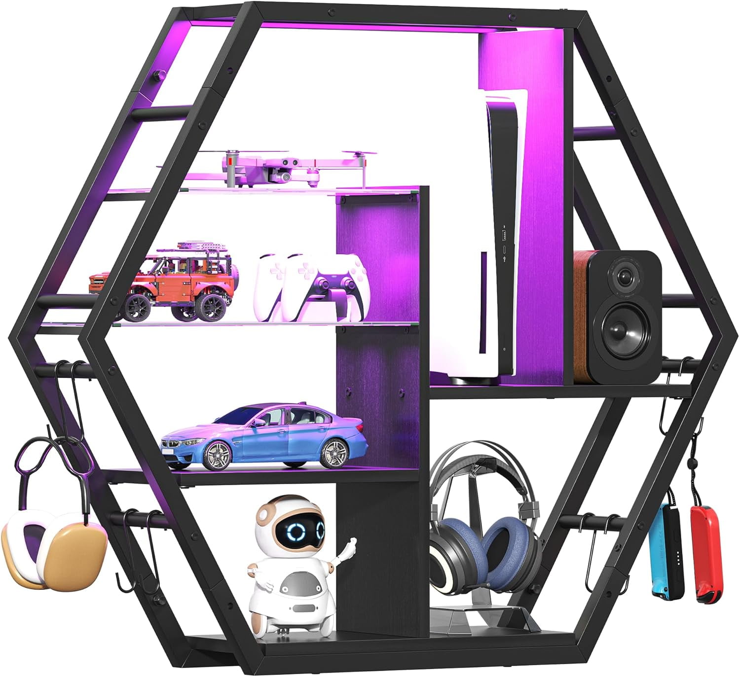 39 inch Large Gaming Floating Shelves with LED Lights, 5 Tier Wall ...