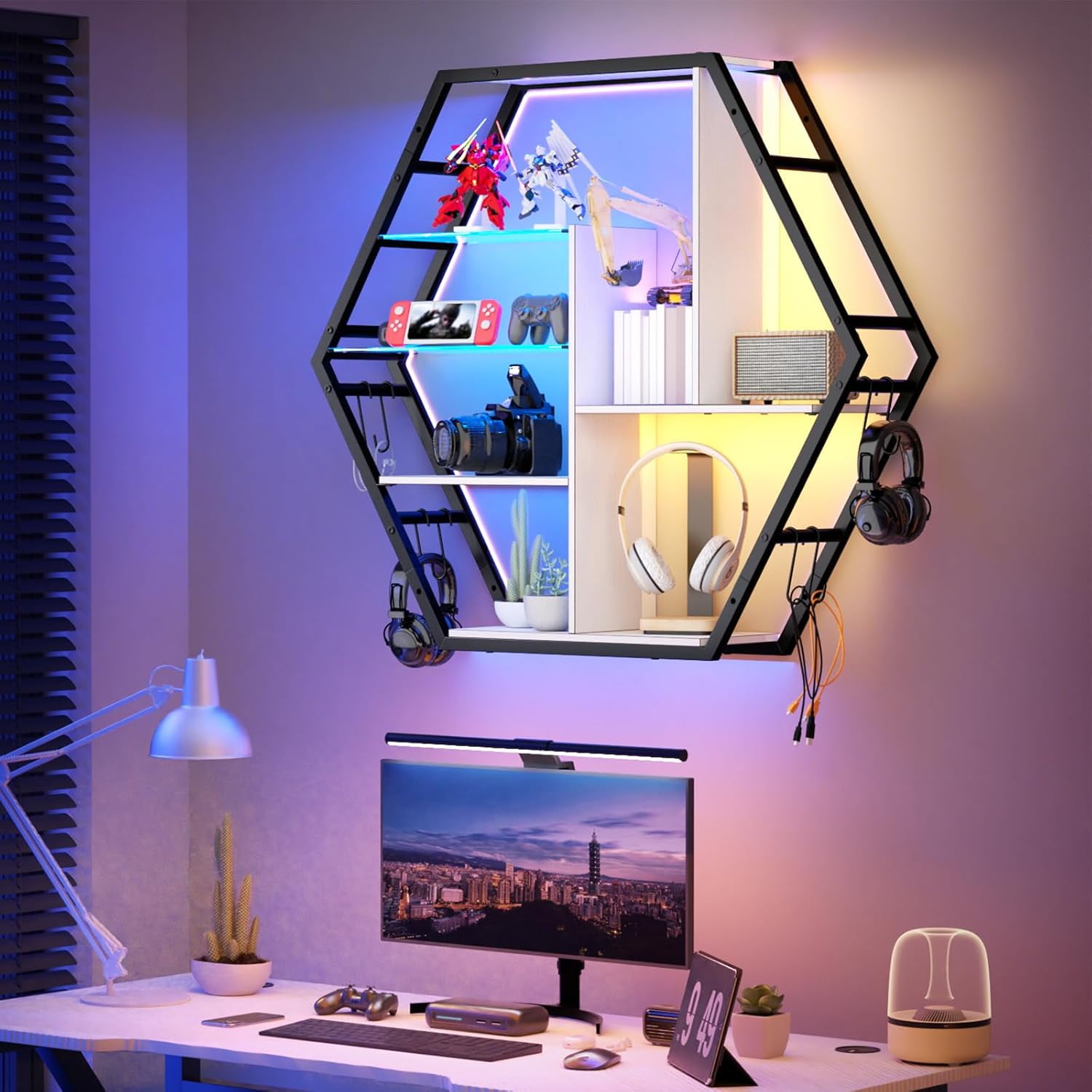 39 inch Large Gaming Floating Shelves for Wall, 5 Tier LED Wall Mounted ...