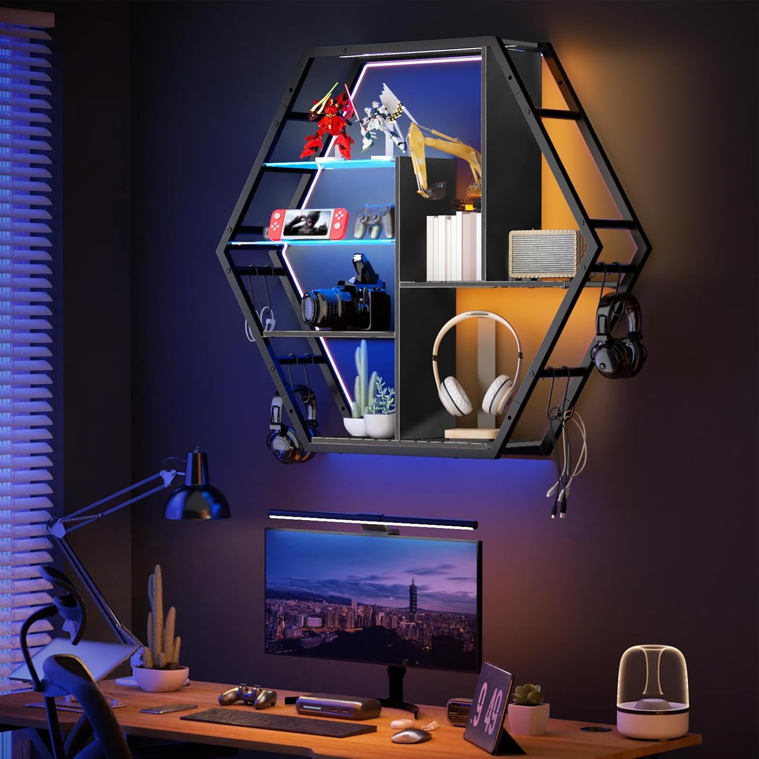 39 inch Large Gaming Floating Shelves for Wall, 5 Tier LED Wall Mounted ...