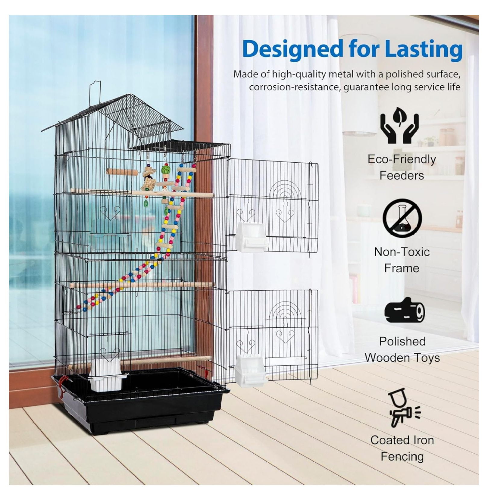 39-inch Roof Top Cage with Stand Tray and Toys, Flight Pet House for ...