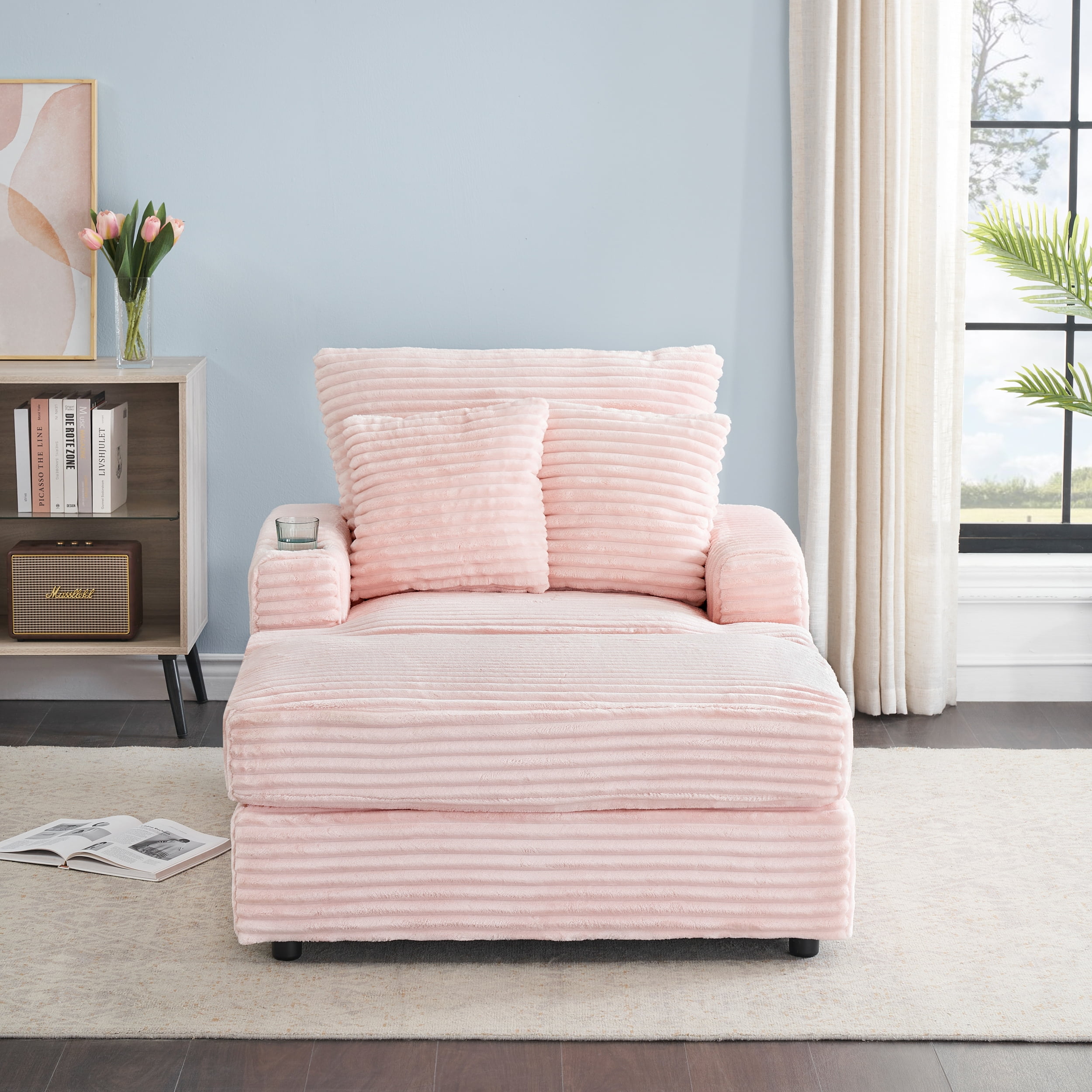 "39-inch Spring Armchair & Ottoman Set - Corduroy Fabric, Cup Holder ...