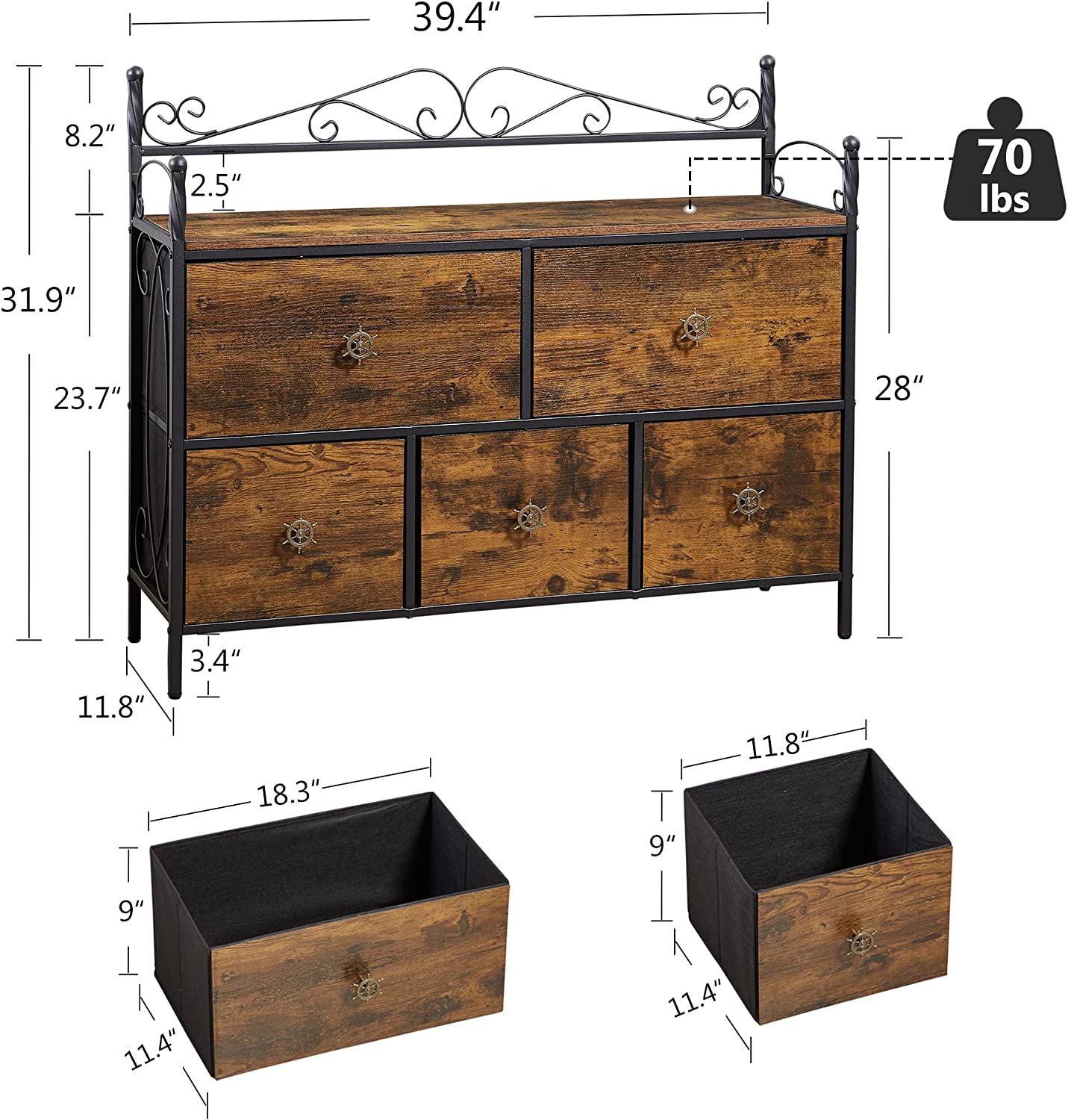39 inch TV Stand,TV Cabinet with 5 Fabric Drawers,Wooden Style TV ...