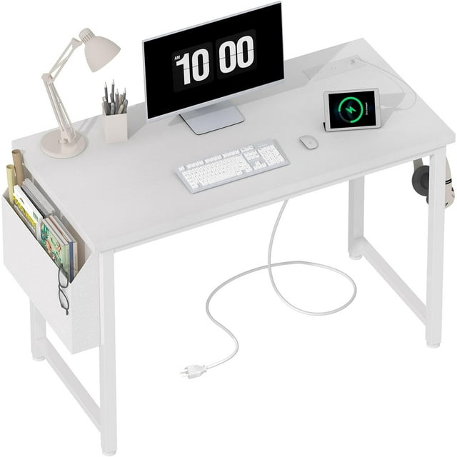 39 inch White Computer Desk with Power Outlet, 40 inch Teen Study Table ...