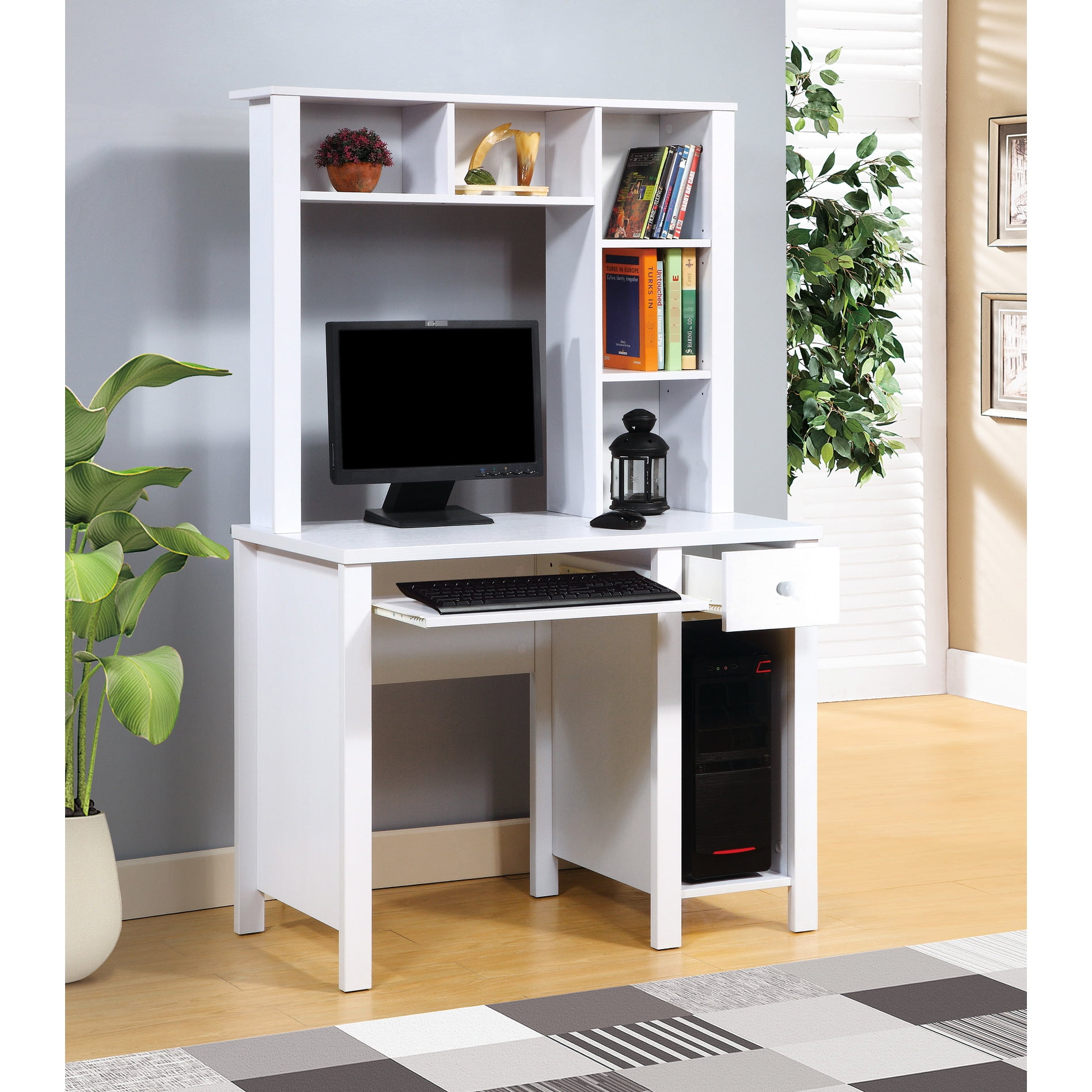39"w Compact Writing Desk With , White Laptop Keyboard Drawer And One ...