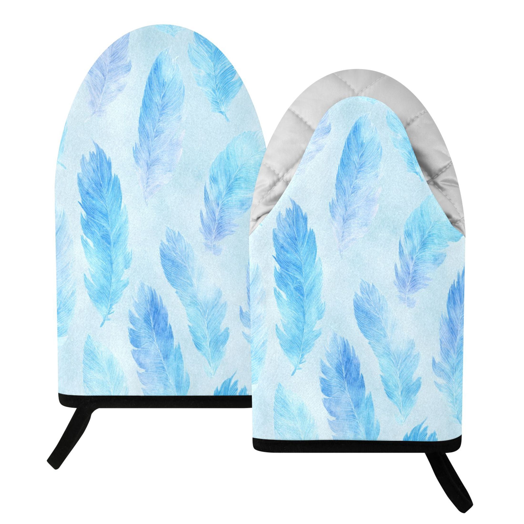 392°F Heat Resistant Oven Mitts 2 Pack Cerulean Feather Watercolor Art ...