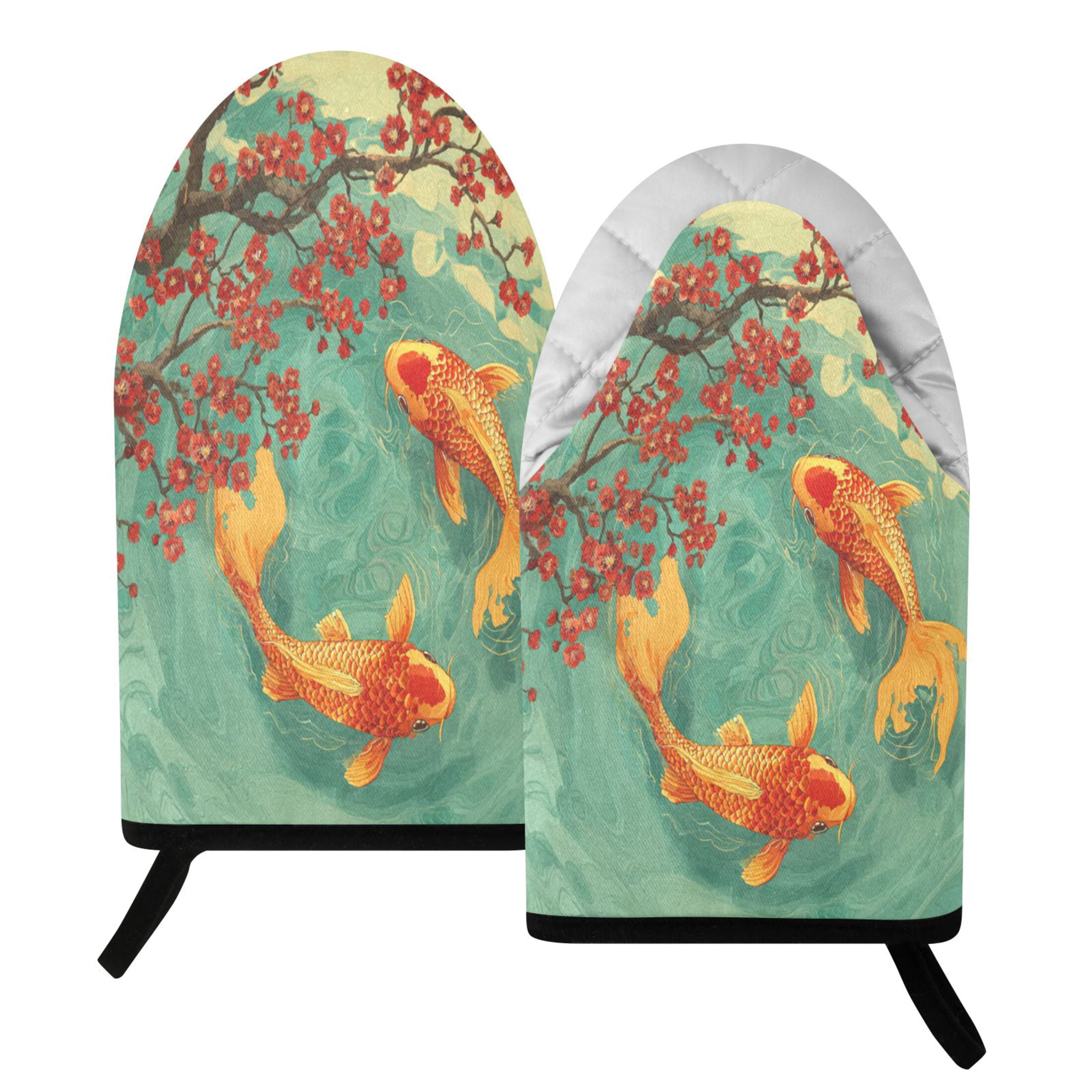 392°F Heat Resistant Oven Mitts 2 Pack Plum Blossom Koi Fish Mouth ...