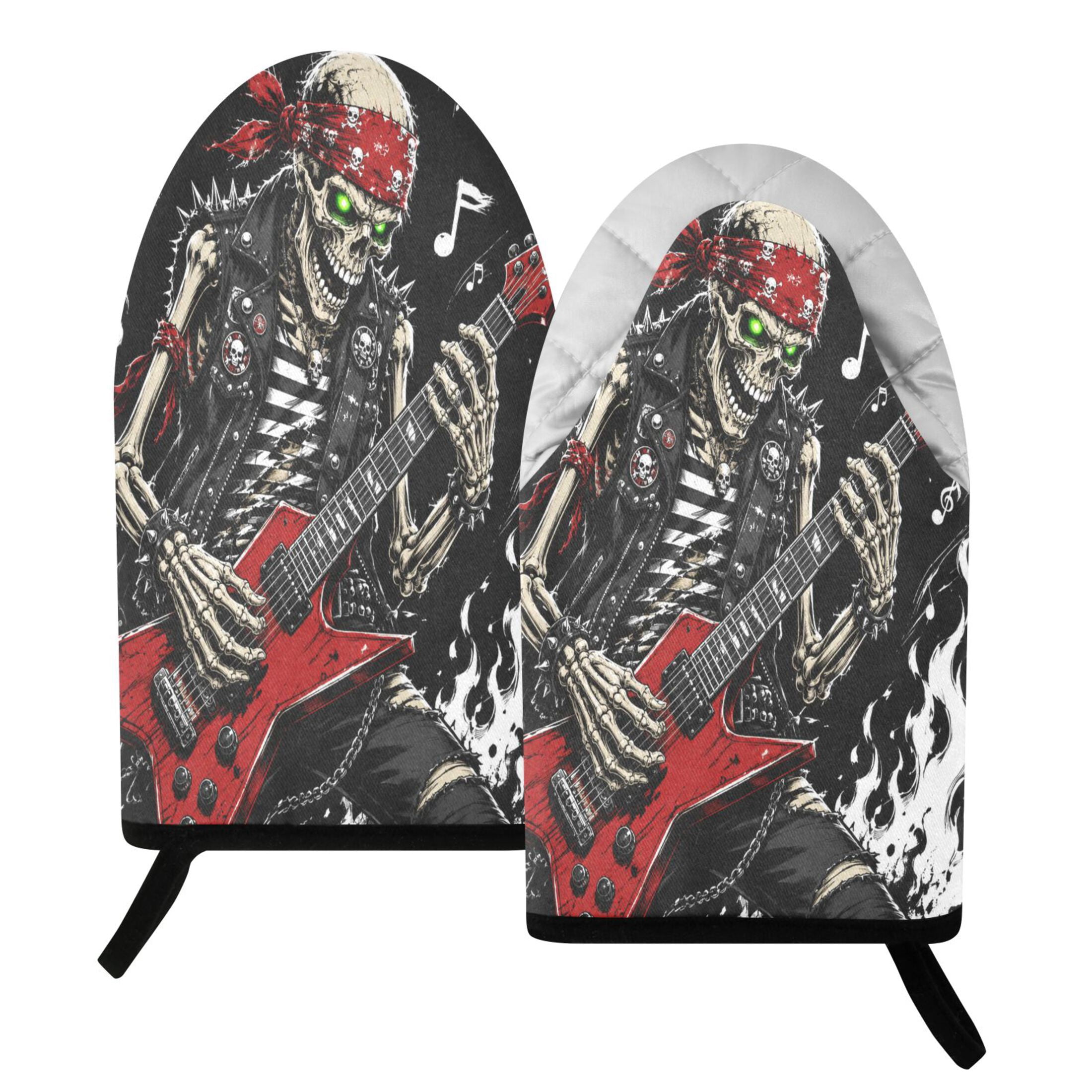 392°F Heat Resistant Oven Mitts 2 Pack Red Guitar Punk Skeleton Fish ...