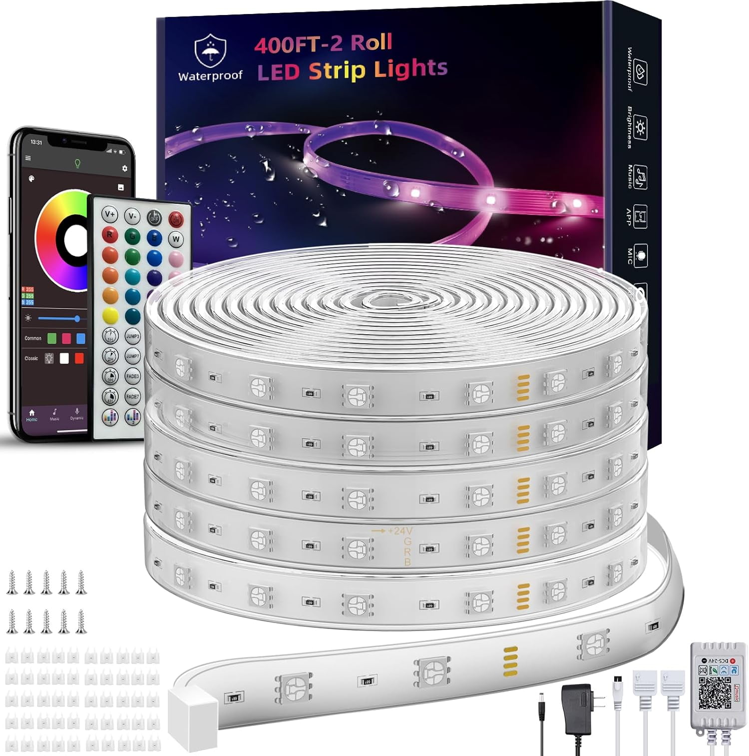 398ft (2*199ft) Outdoor Strip Lights , Ip68 Outside Light Strip with ...