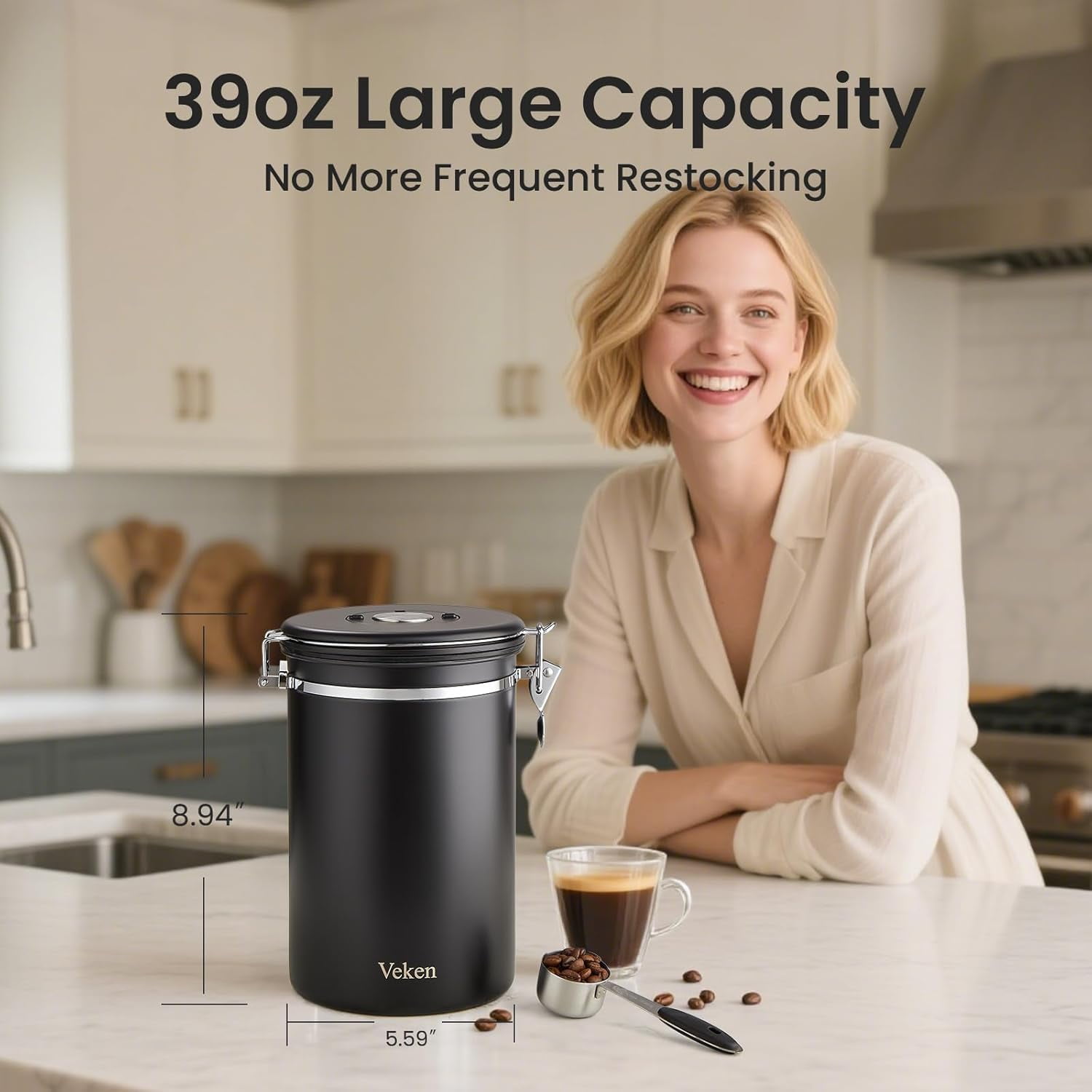 39OZ Airtight Stainless Steel Coffee Canister with Date Tracker & Scoop ...