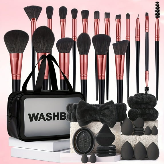 39pcs Makeup Brush Set: 18 Black Rose Gold Brushes, 4 Large & 4 Small ...