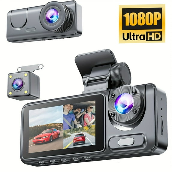 3CH 1080P Dash Cam Front Inside Rear, 32GB Card, Night Vision, HDR, G ...