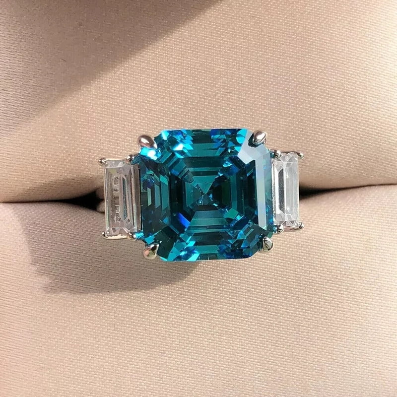 3CT Asscher Cut Lab Created Blue Diamond Women's Ring 14K White Gold ...