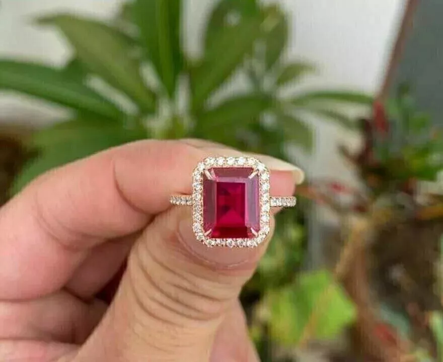 3CT Emerald Cut Lab-Created Red Ruby & Diamond Halo Women's Ring Yellow ...