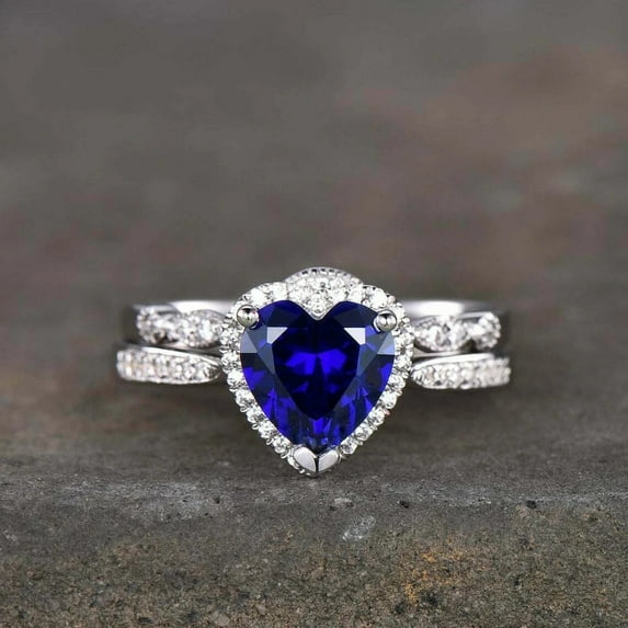 3CT Heart Cut Simulated Blue Sapphire Women's Wedding Bridal Ring Set ...
