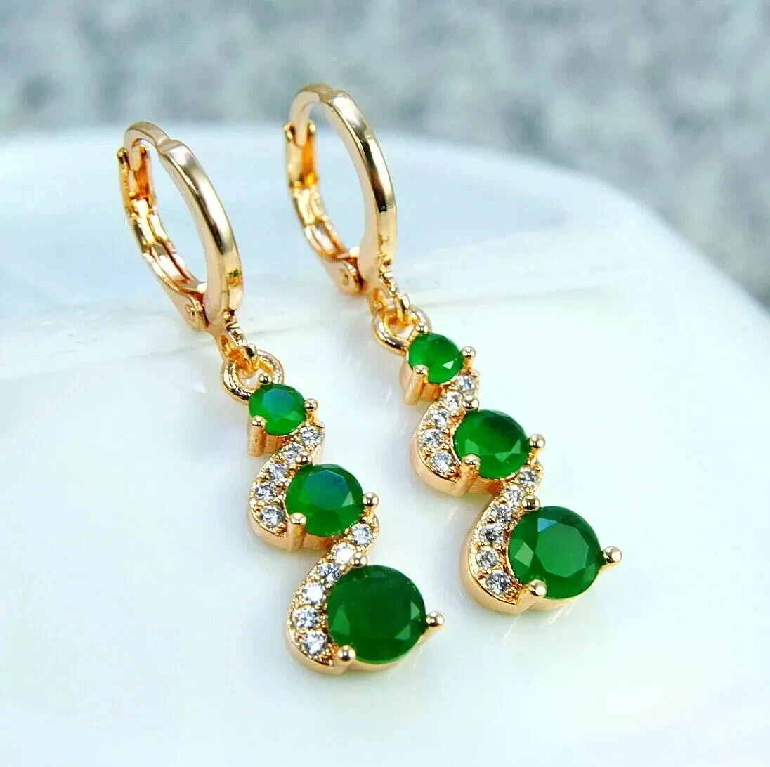 3CT Round Cut Simulated Green Emerald Women's Drop Dangle Earrings 14K ...