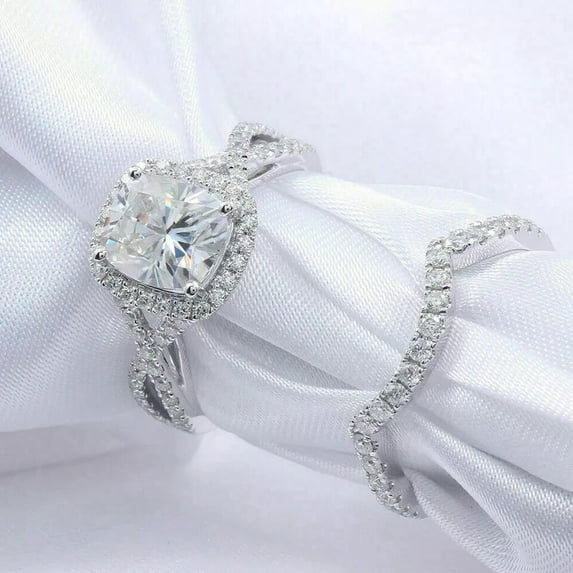 3Ct Cushion Cut Lab Created Diamond Bridal Ring Set 14K White Gold ...