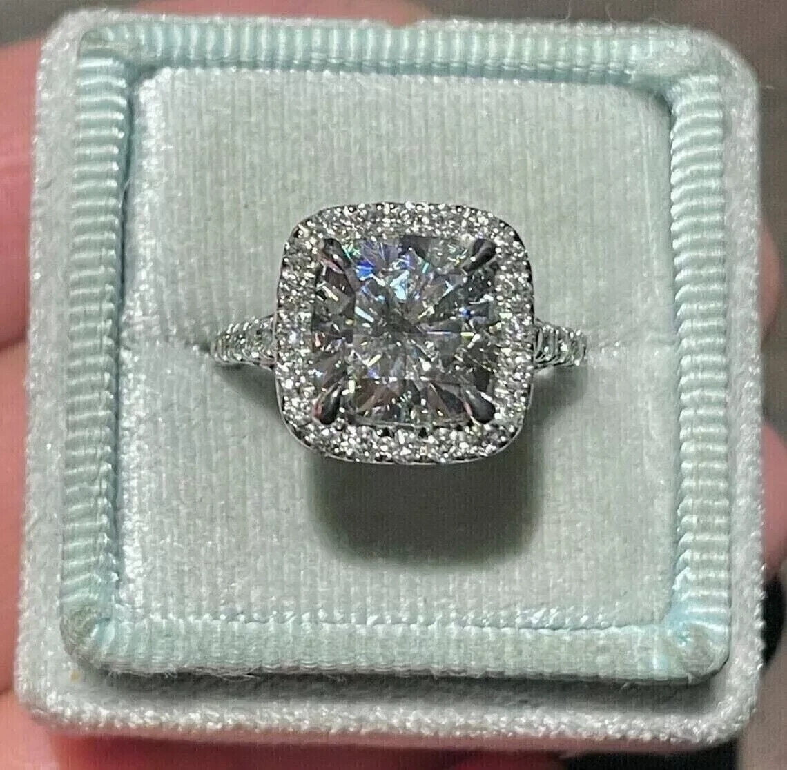 3Ct Cushion Lab-Created Diamond Engagement Halo Ring 14K White Gold Plated 925 Sterling Silver ...