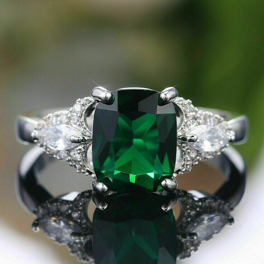 3Ct Cushion Lab Created Emerald & Diamond Engagement Ring 14k White ...