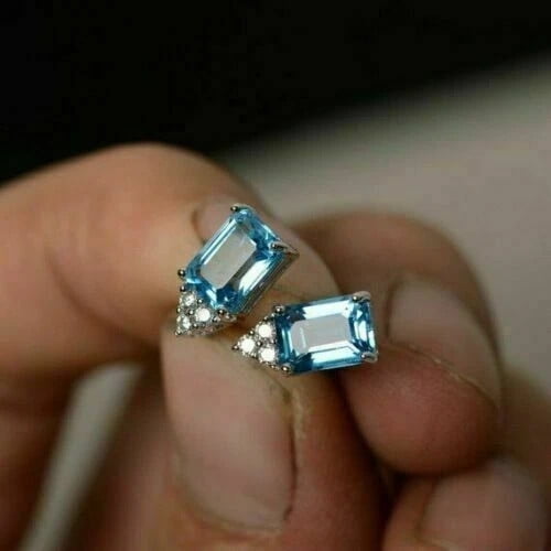 3Ct Emerald Cut Aquamarine Solitaire Women's Stud Earrings 14K White ...
